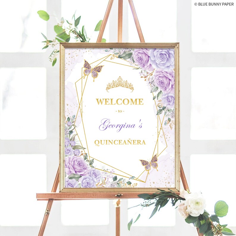 Lilac Quinceanera Welcome Sign Purple Gold Mis Quince 15 Anos Editable ...