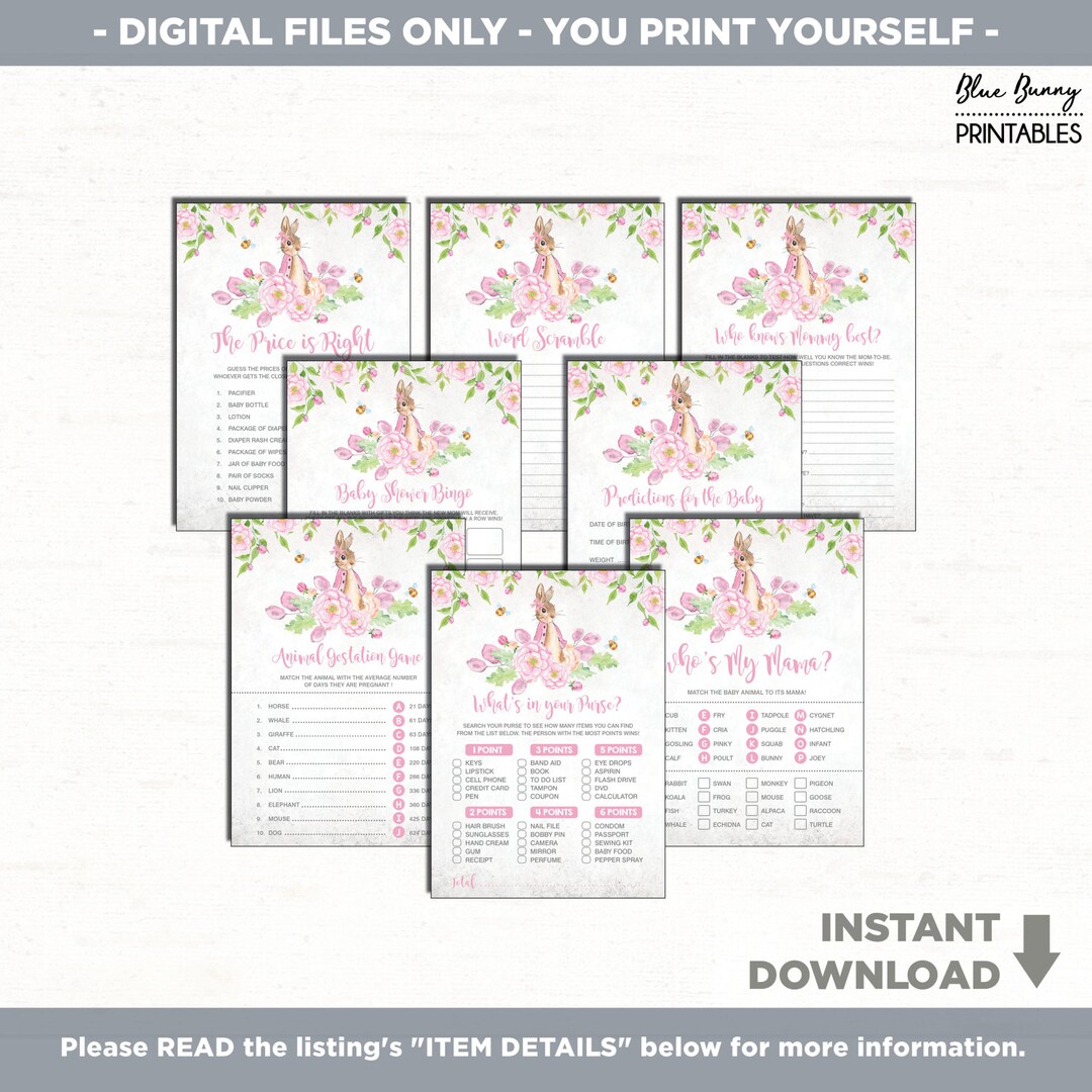 Girl Bunny Baby Shower GAMES PACKAGE. 8x Pink Floral Rabbit Baby Girl ...