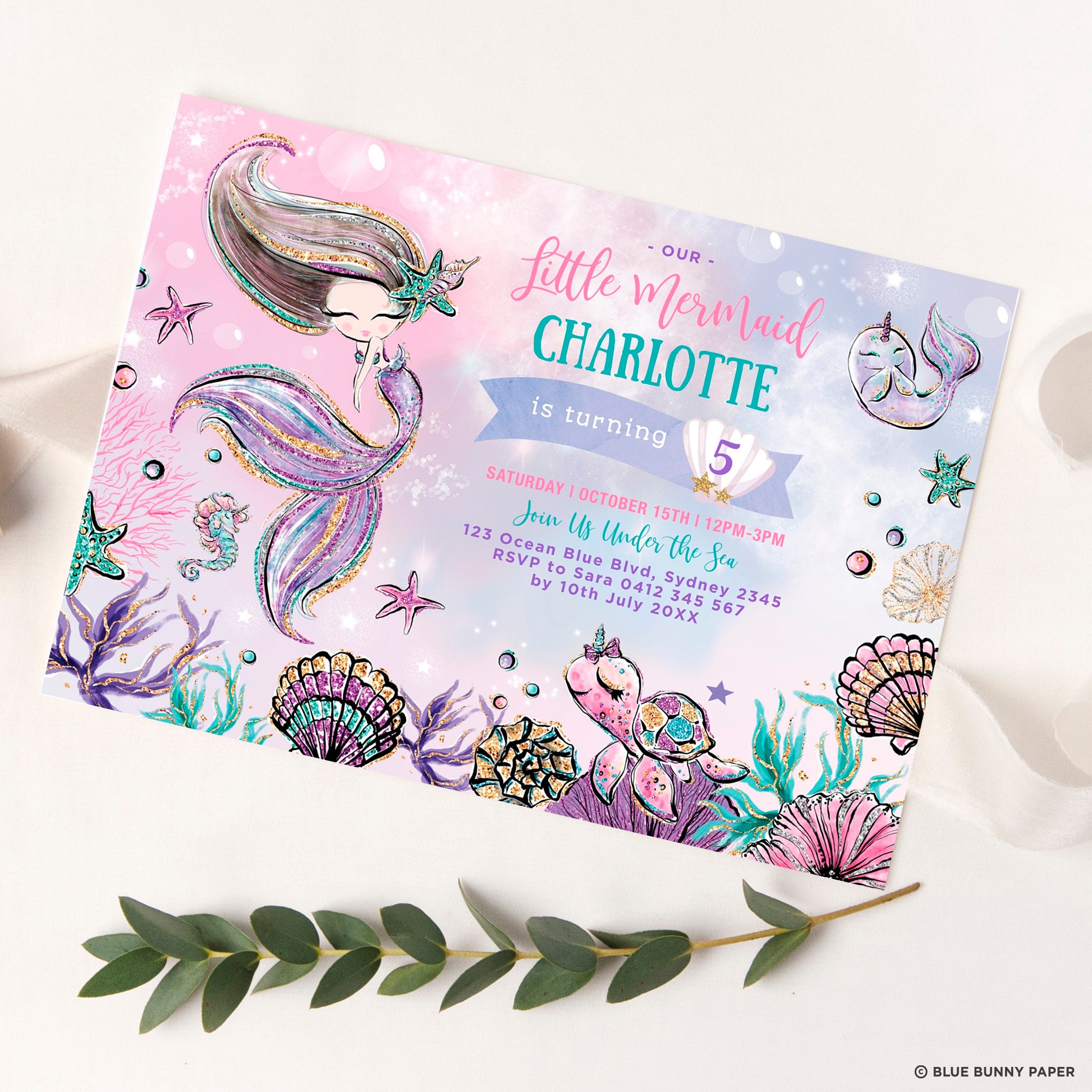 Girly Mermaid Birthday Invitation EDITABLE TEMPLATE. Under the | Etsy