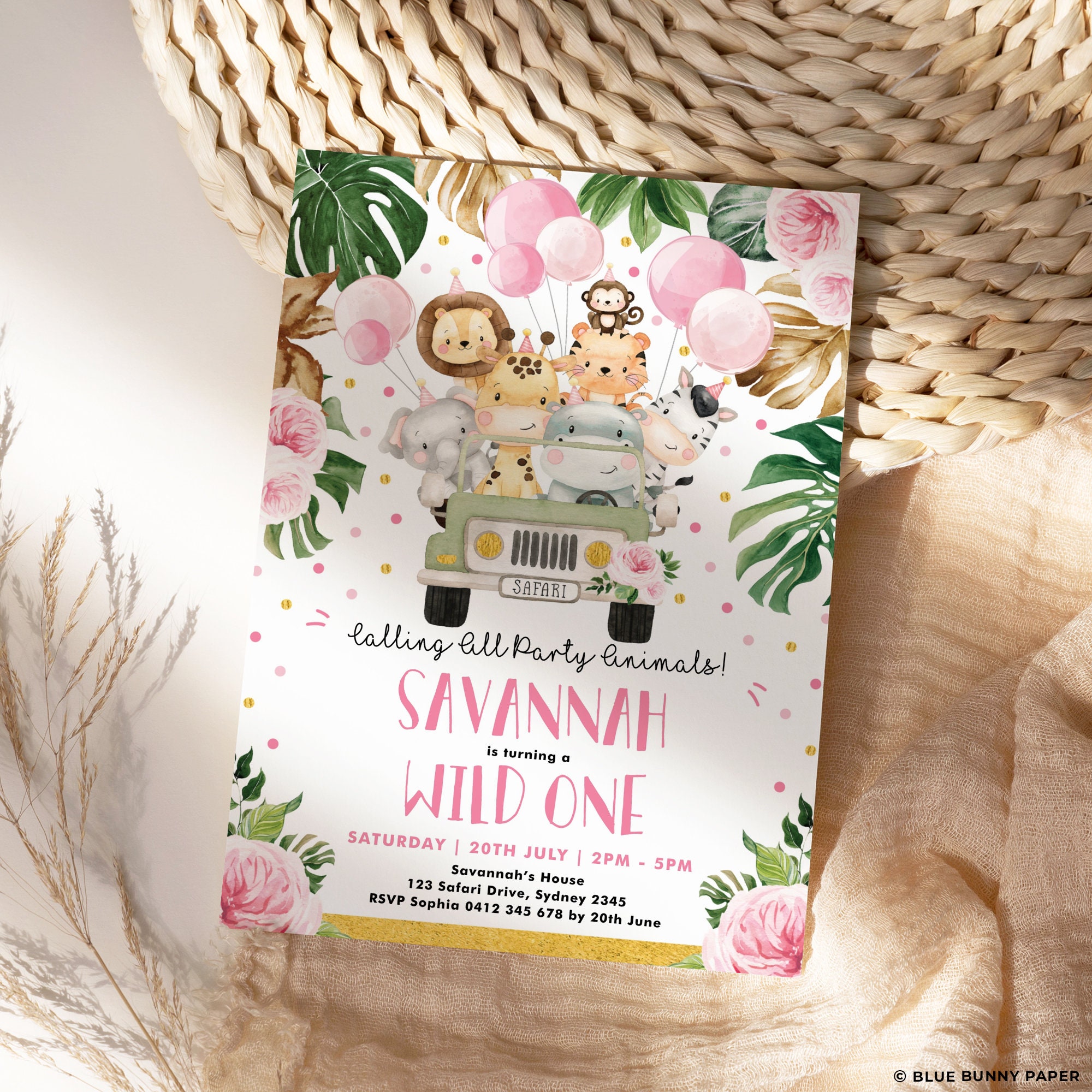 Girl Wild One Birthday Invitation Safari Animals Party - Etsy