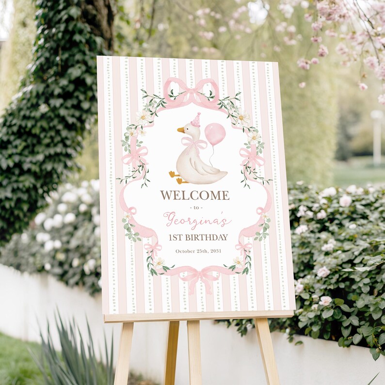 One Silly Goose Birthday Welcome Sign, Coquette Pink Bow Goose 1st ...