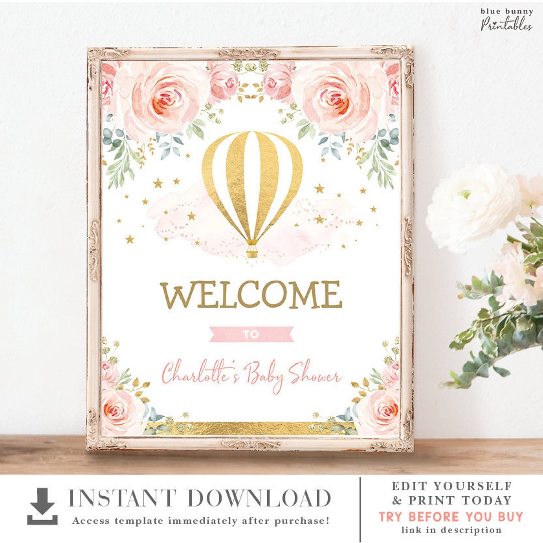 Hot Air Balloon Welcome Sign. Blush Pink Gold Floral Girl Baby Shower ...