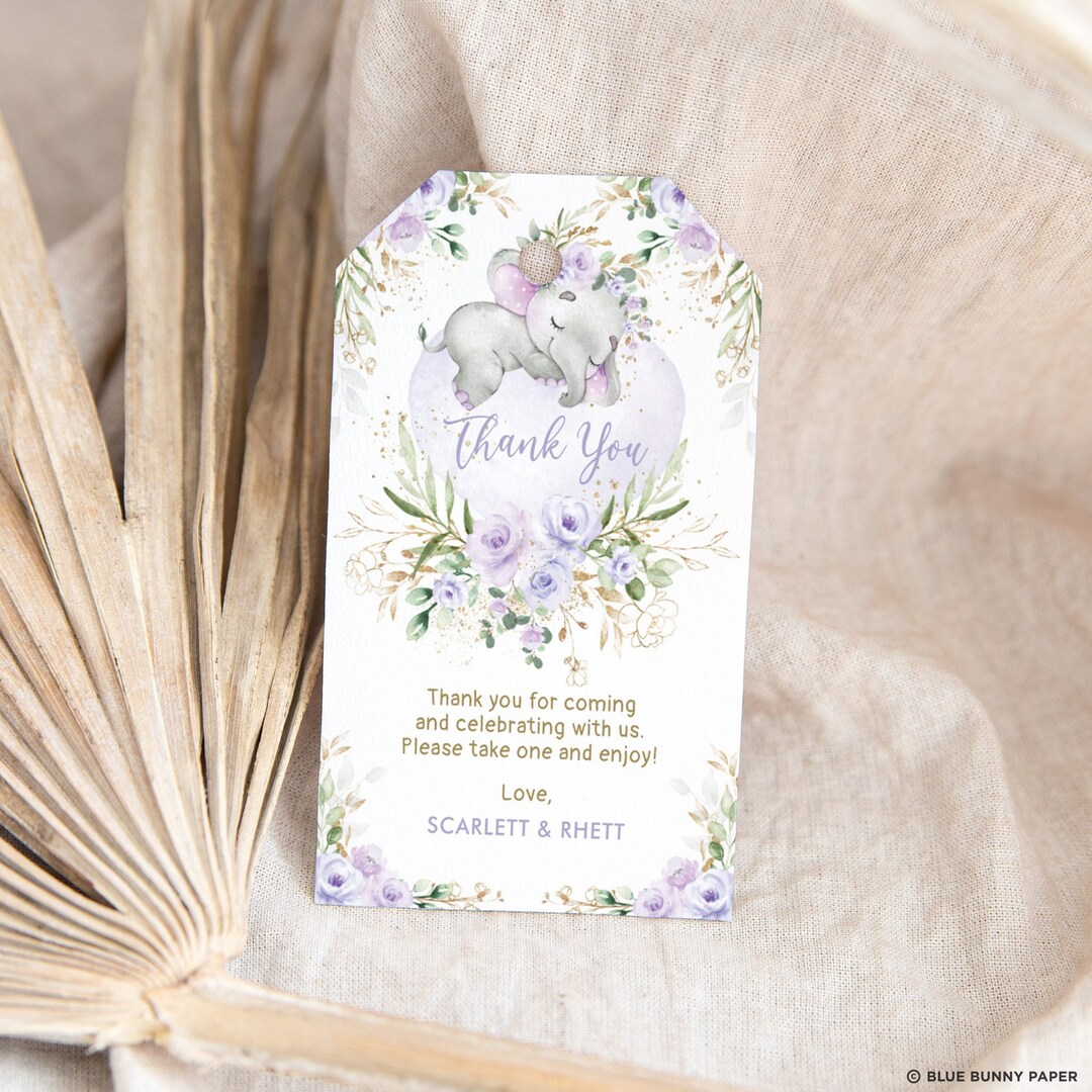 Lavender Elephant Favor Tag Template, Purple Floral Jungle Thank You ...