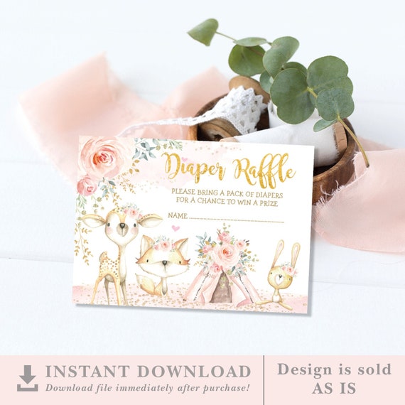 Blush Gold Floral Woodland Diaper Raffle. Girly Boho Teepee Baby Shower ...
