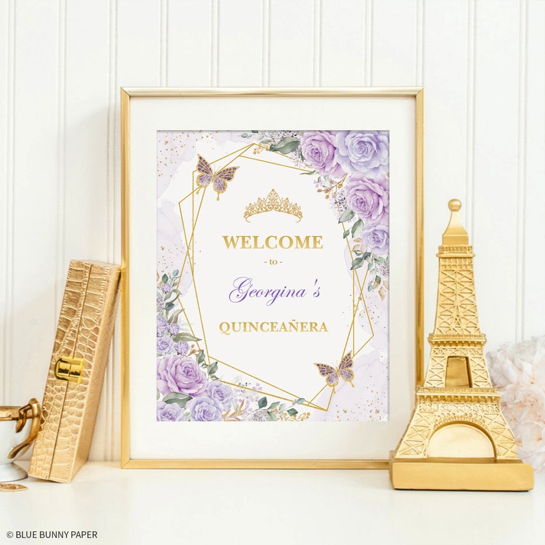 Lilac Quinceanera Welcome Sign Purple Gold Mis Quince 15 Anos Editable ...