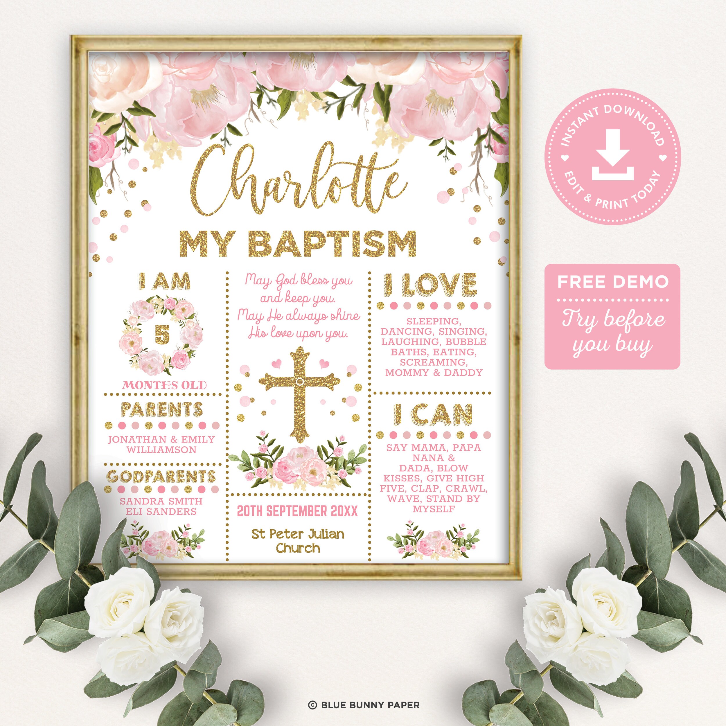 EDITABLE Pink & Gold Floral Baptism Chalkboard Sign Blush - Etsy