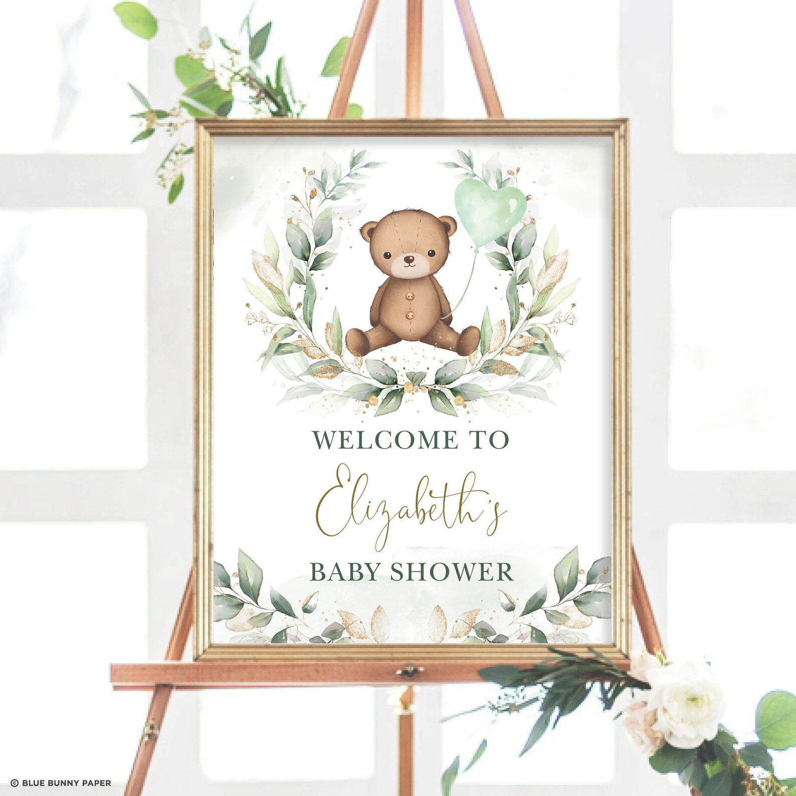 Teddy Bear Welcome Sign Template Greenery Gold Baby Shower - Etsy