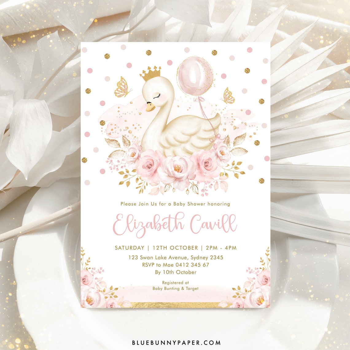 Swan Princess Baby Shower Invitation Bundle Pink Balloon Swan Templates ...
