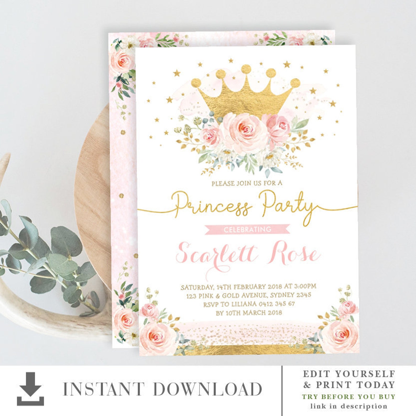 Royal Princess Crown Birthday EDITABLE INVITATION. Blush Pink - Etsy