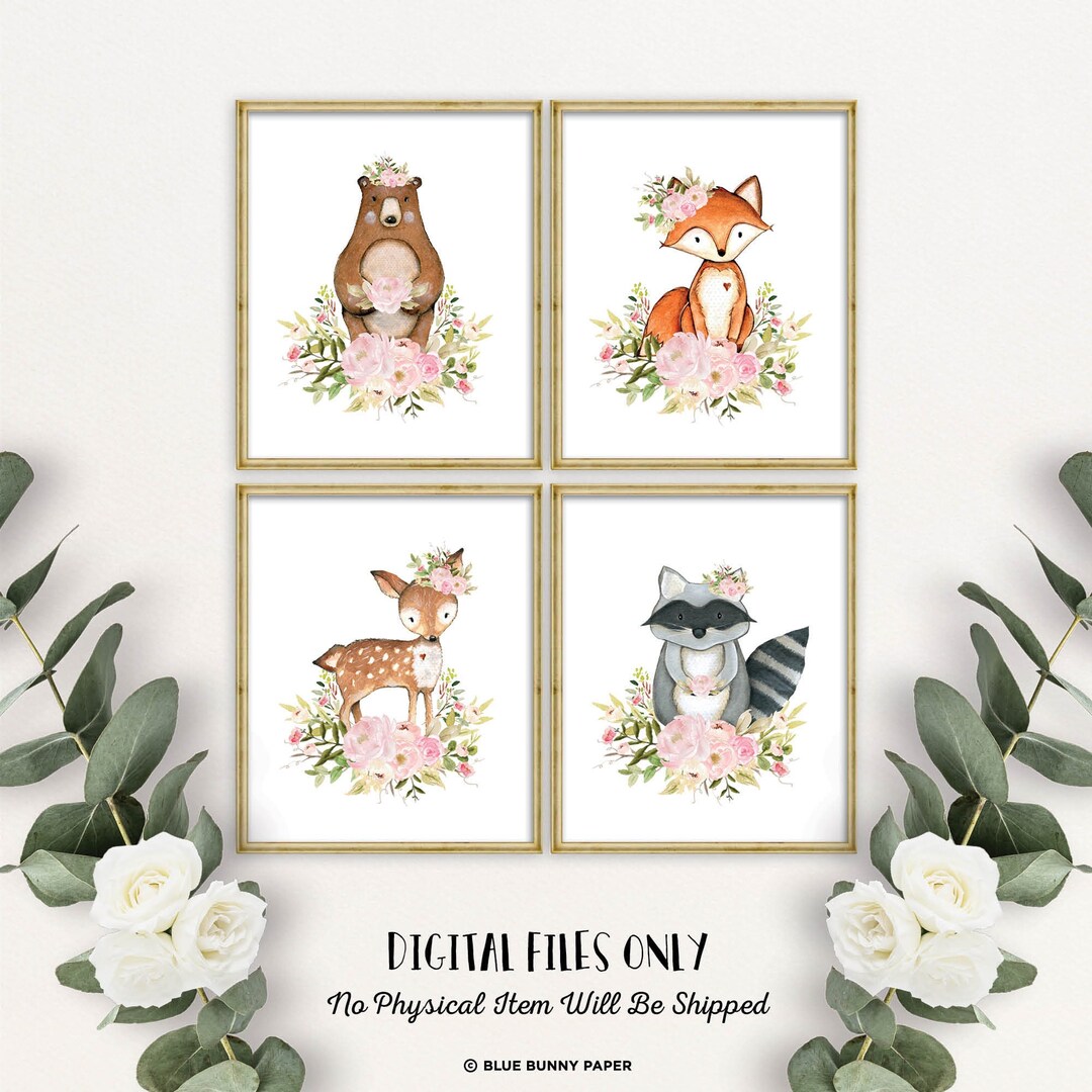 Floral Woodland Animals Printable Sign Set of 4 DIGITAL INSTANT ...