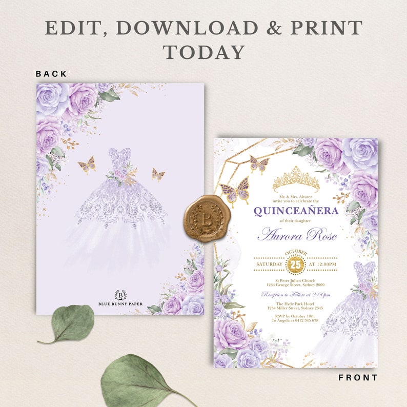 Purple Quinceanera Invitation Template Mis Quince 15 Anos Gold - Etsy
