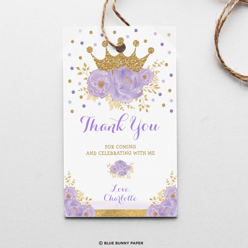 Editable Crown Princess Birthday Favor Tag Purple Floral | Etsy