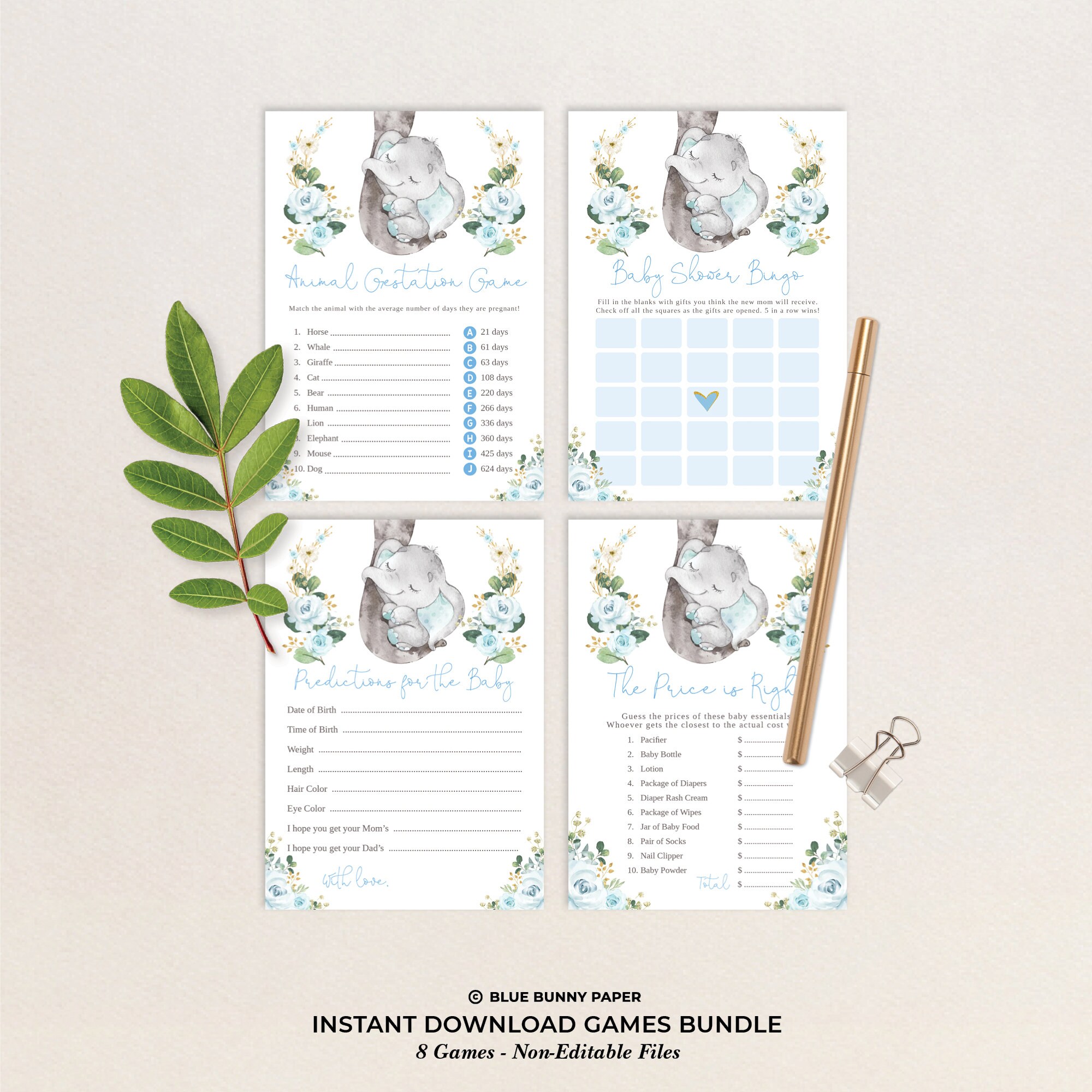 Elephant Baby Shower Games Bundle 8x Blue Floral Greenery - Etsy