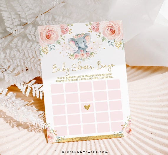 Floral Elephant Bingo Baby Shower Game Blush Roses Elephant Baby ...