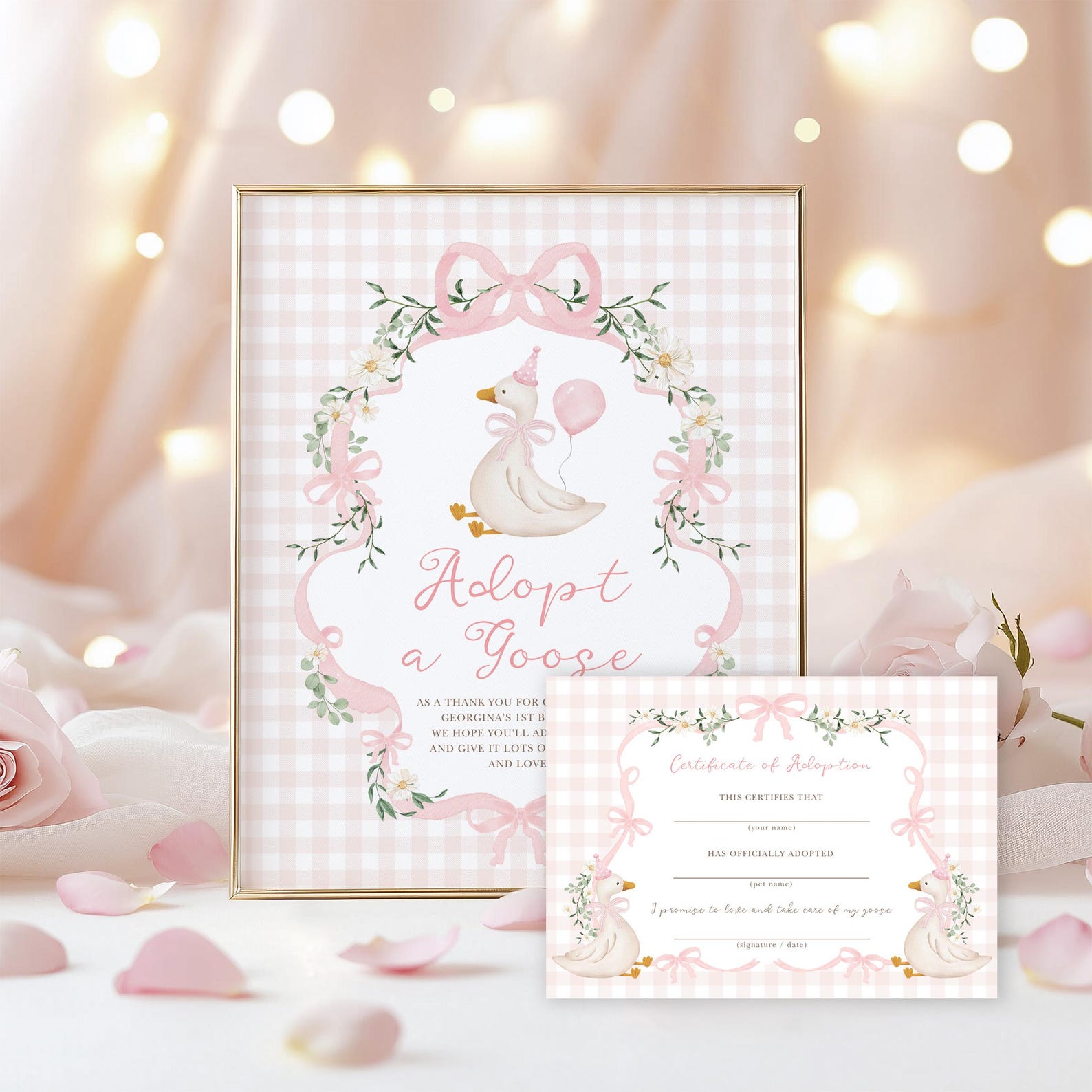 Adopt a Goose Sign & Certificate Card: Pink Gingham One Silly Goose ...