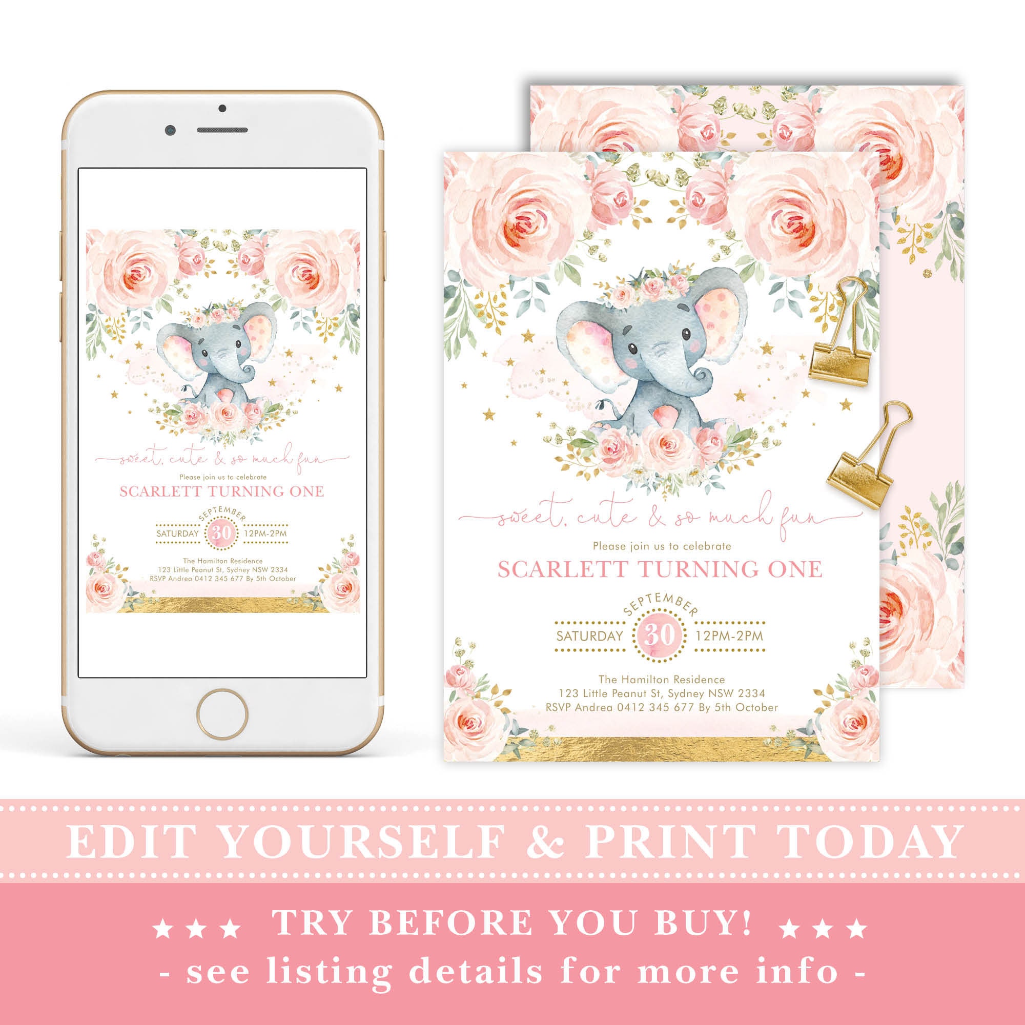 Cute Elephant Birthday Invitation, Pink Gold Blush Floral Elephant 1st ...