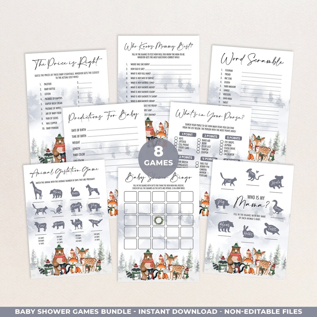 Winter Woodland Baby Shower Games Bundle, 8x Forest Animals Printable ...
