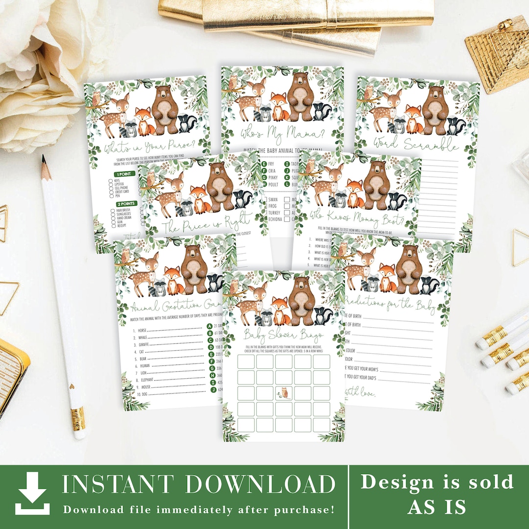 Greenery Woodland Baby Shower GAMES PACKAGE. 8x Forest Animals ...
