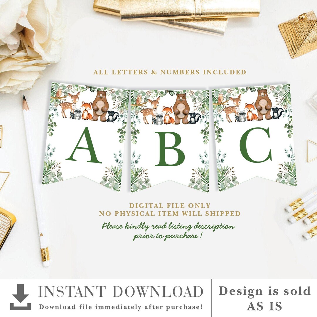 Botanical Woodland Baby Shower Printable Banner. Forest Animals ...
