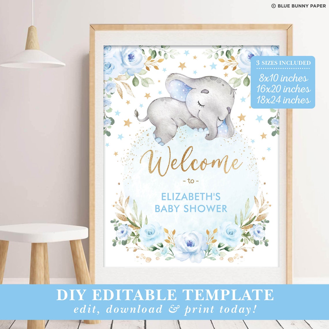 EDITABLE Elephant Welcome Sign Blue Gold Floral Baby Shower - Etsy