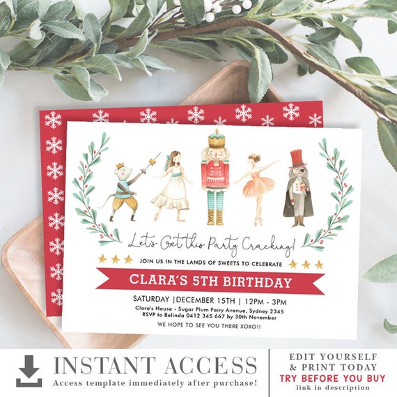 Editable Nutcracker Birthday Invitation Sugar Plum Fairy Holiday Party
