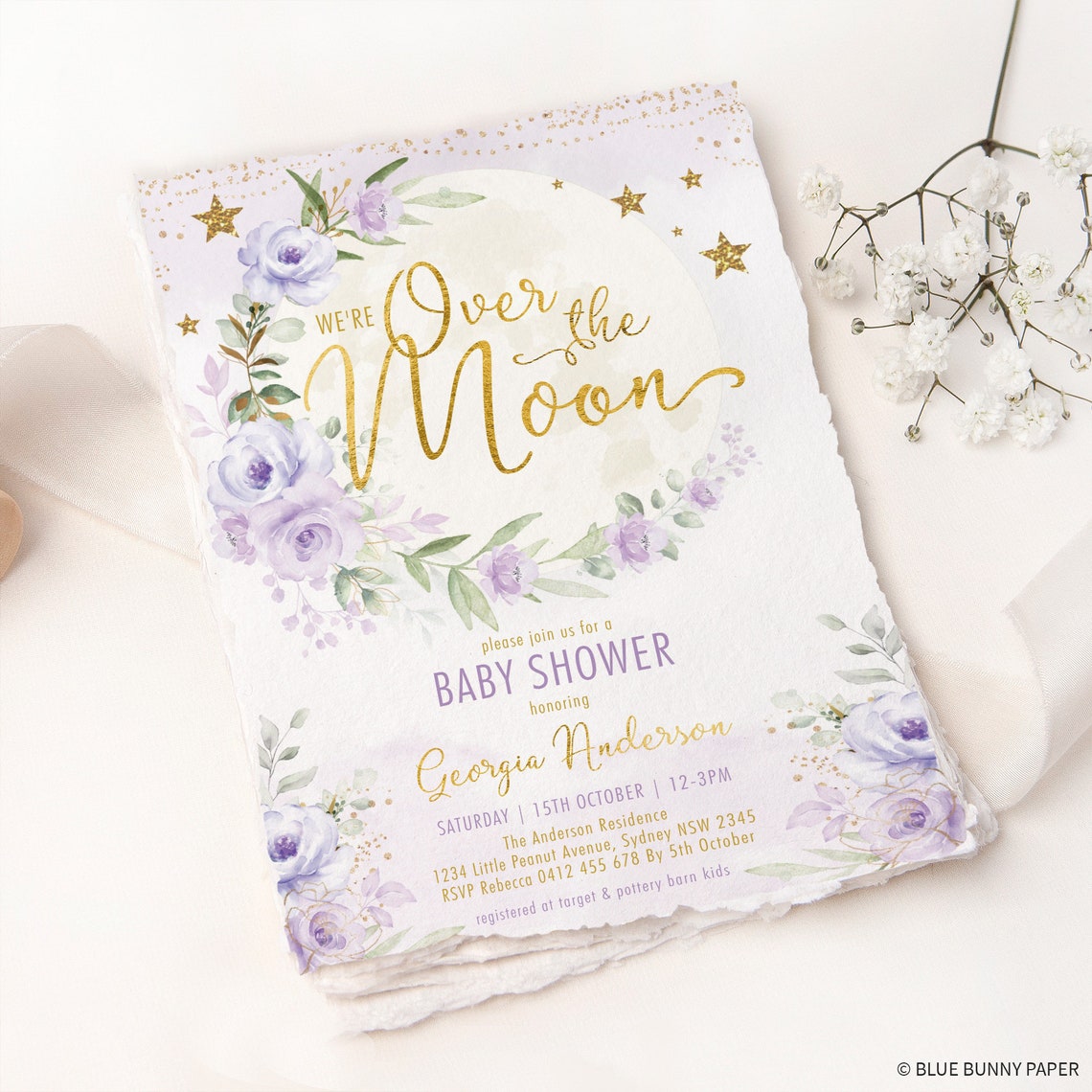 Purple Moon Baby Shower Invitation Lavender Gold Over the - Etsy