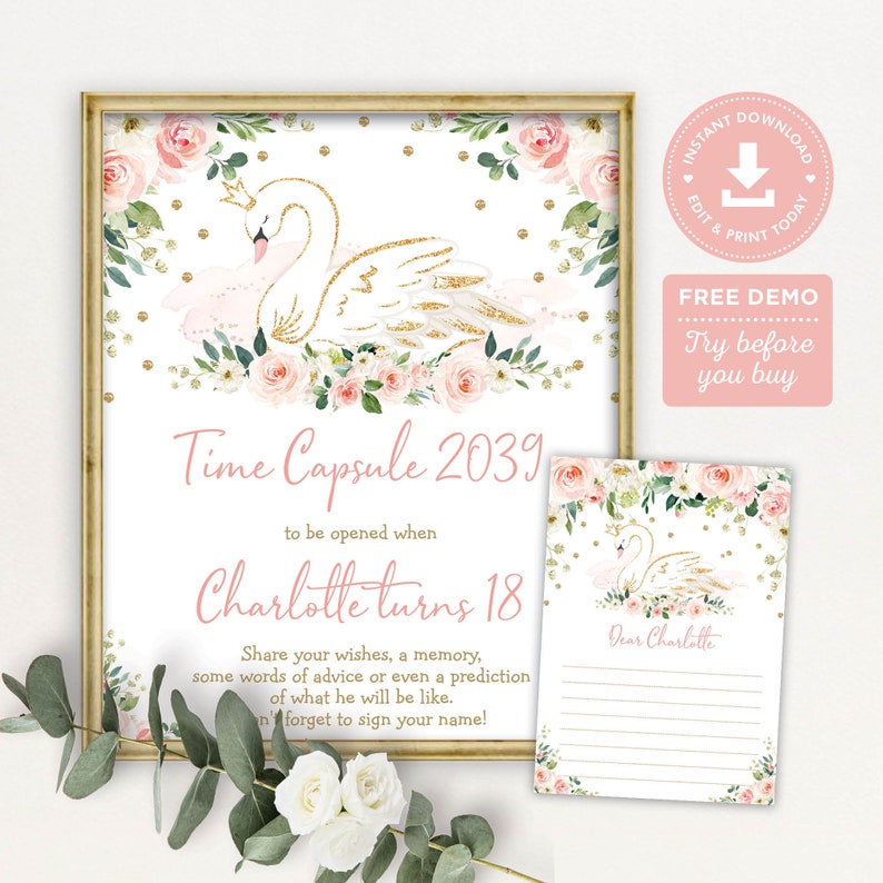 EDITABLE Swan Time Capsule, Blush Pink Floral 1st Birthday Sign, Pink ...