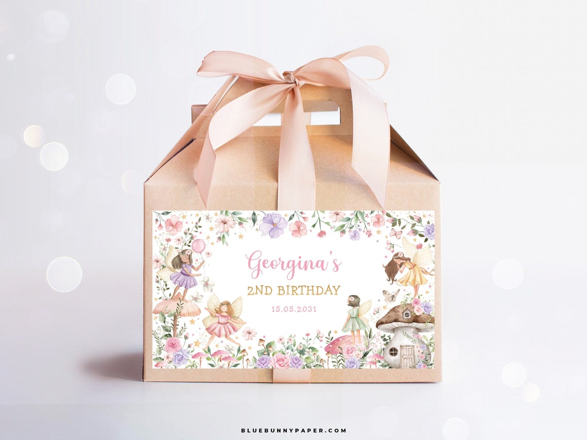 Editable Fairy Birthday Party Gable Box Label Enchanted Floral Fairy ...