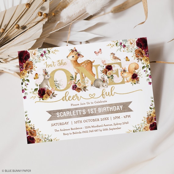 One-deer-ful Birthday Invitation Fall Burgundy Terracotta Floral ...