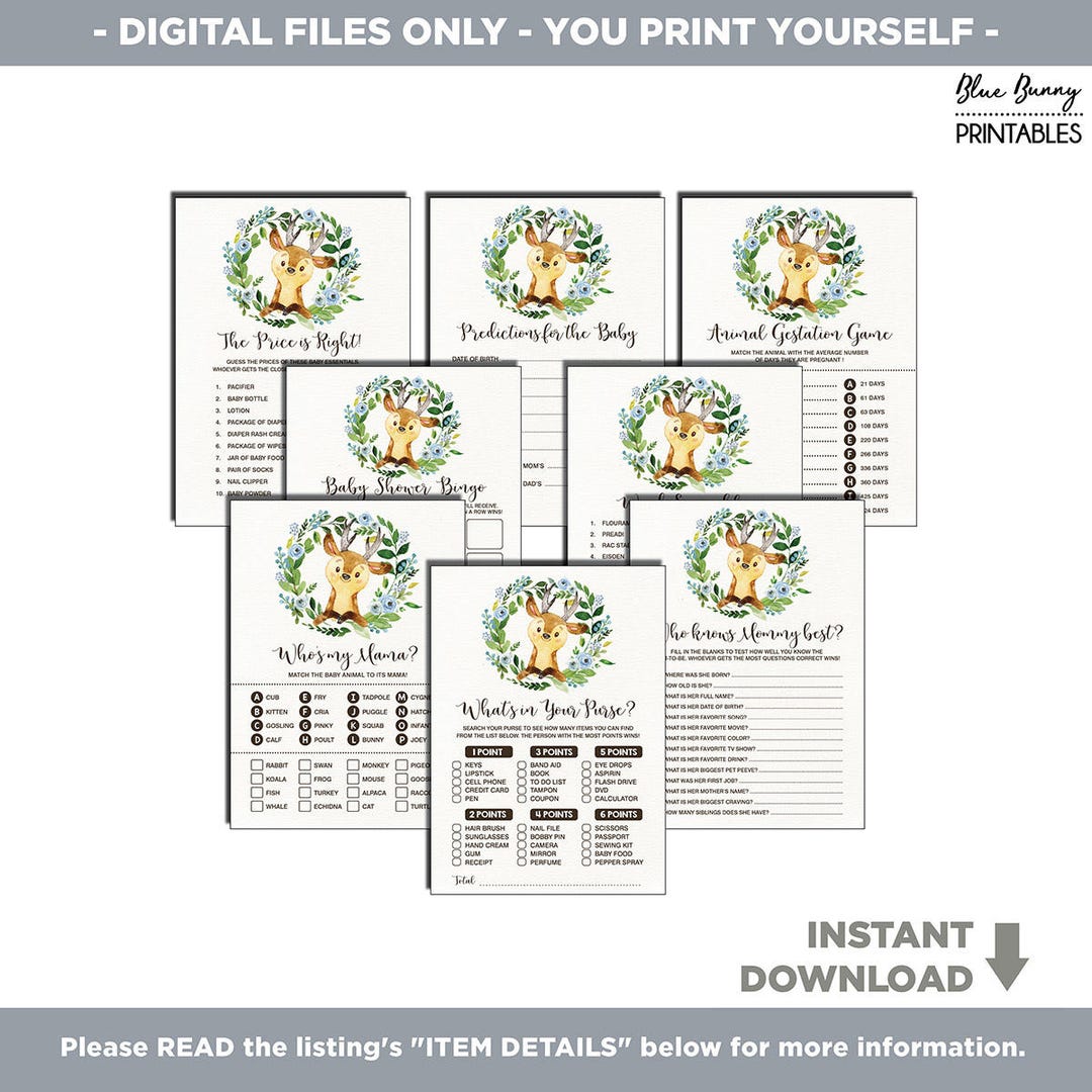 Deer Baby Shower GAMES PACKAGE. 8x Floral Baby Deer Printable Games ...
