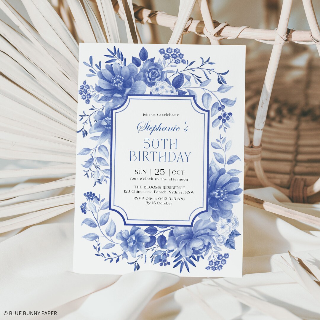 50th Birthday Invitation for Women, Blue White Porcelain Party Invite ...