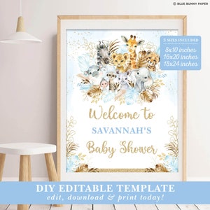 Boy Tropical Jungle Welcome Sign, Boho Blue Gold Safari Baby Shower ...