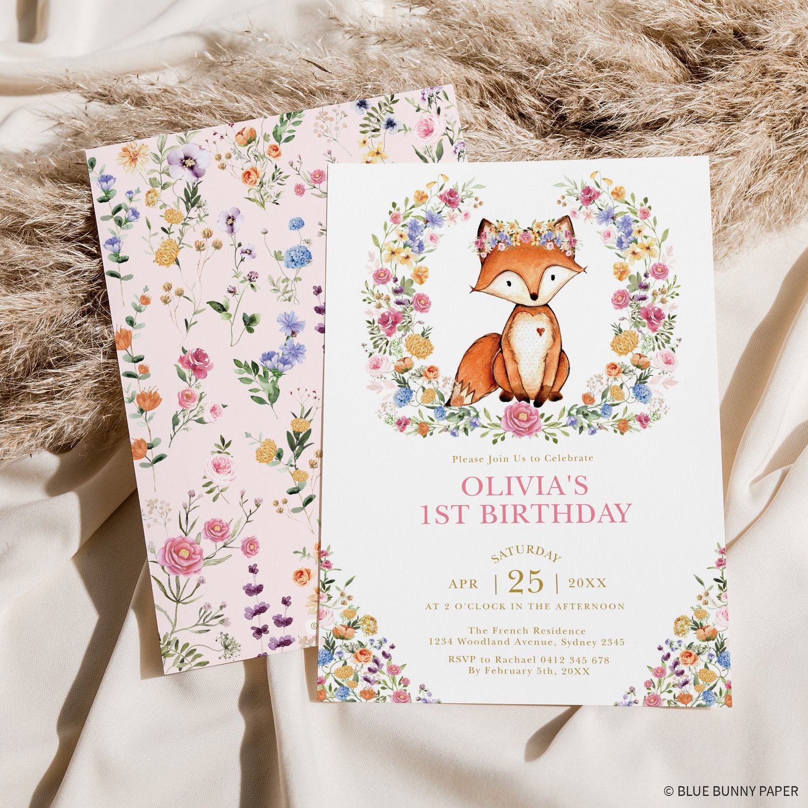 Colorful Wildflower Fox Birthday Invitation Garden Flowers Woodland ...