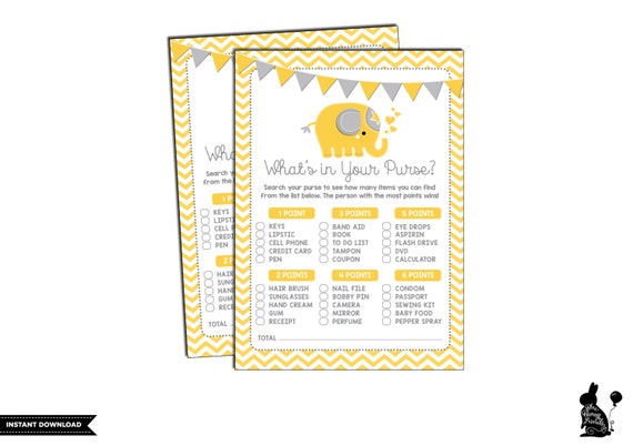 Yellow Elephant Baby Shower Game. What's in Your Purse Baby Shower ...