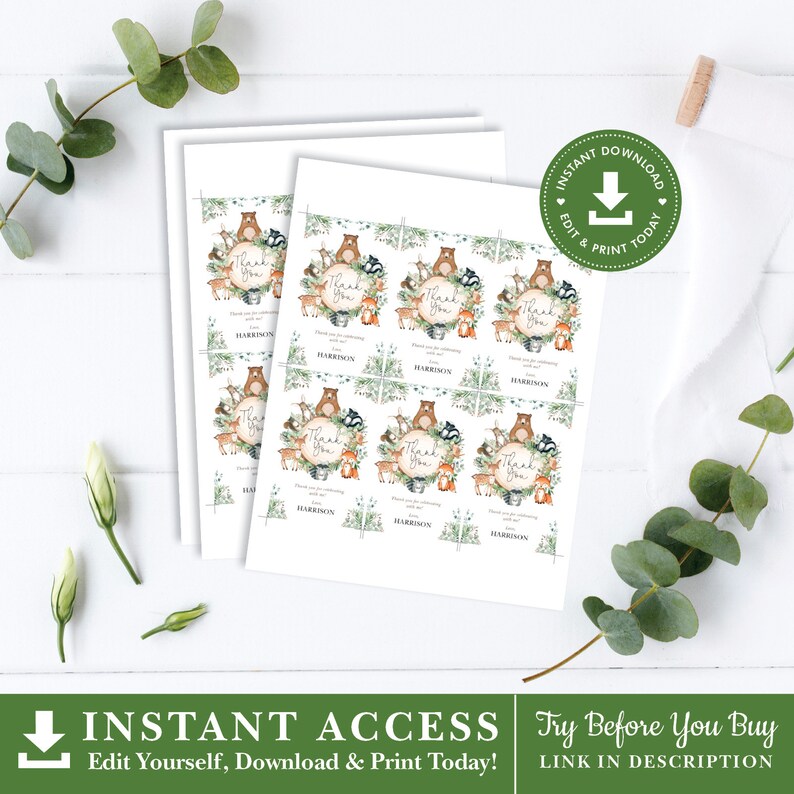 Greenery Woodland Favor Tags. Forest Animals Party Printable. Wild One ...