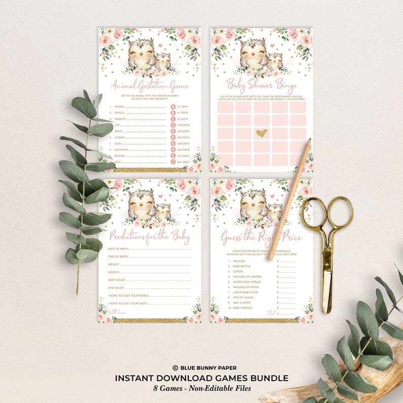 Owl Baby Shower GAMES BUNDLE 8 Blush Floral Printable Games - Etsy