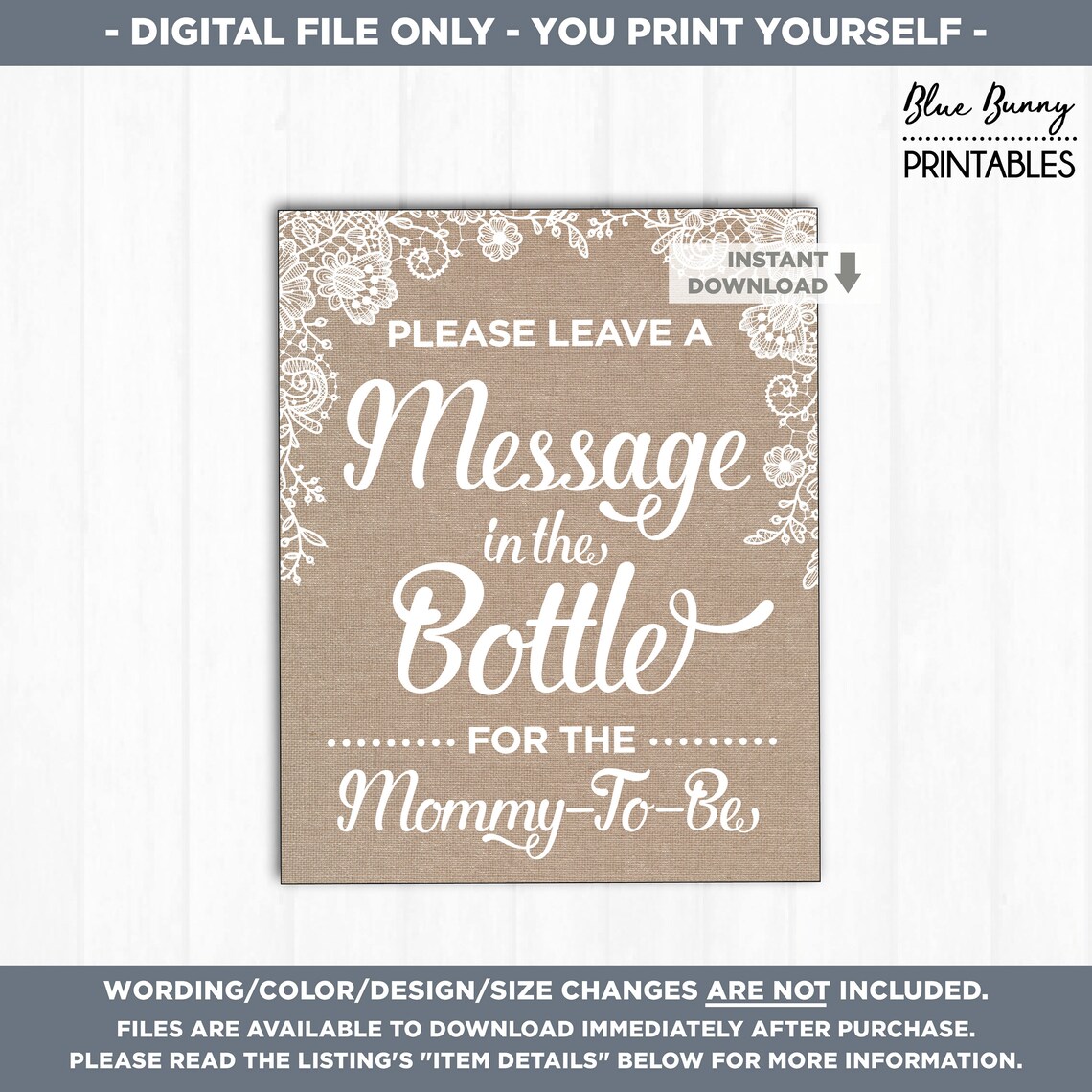 Message in the Bottle for Mommy to Be. Rustic Baby Shower Printable ...