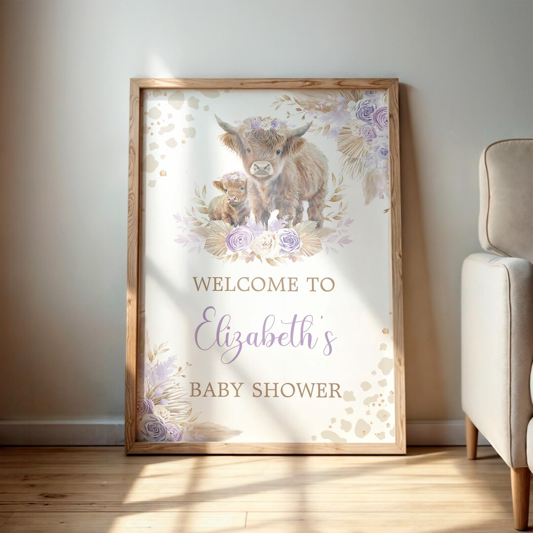 Purple Highland Cow Baby Shower Welcome Sign: Editable Template ...