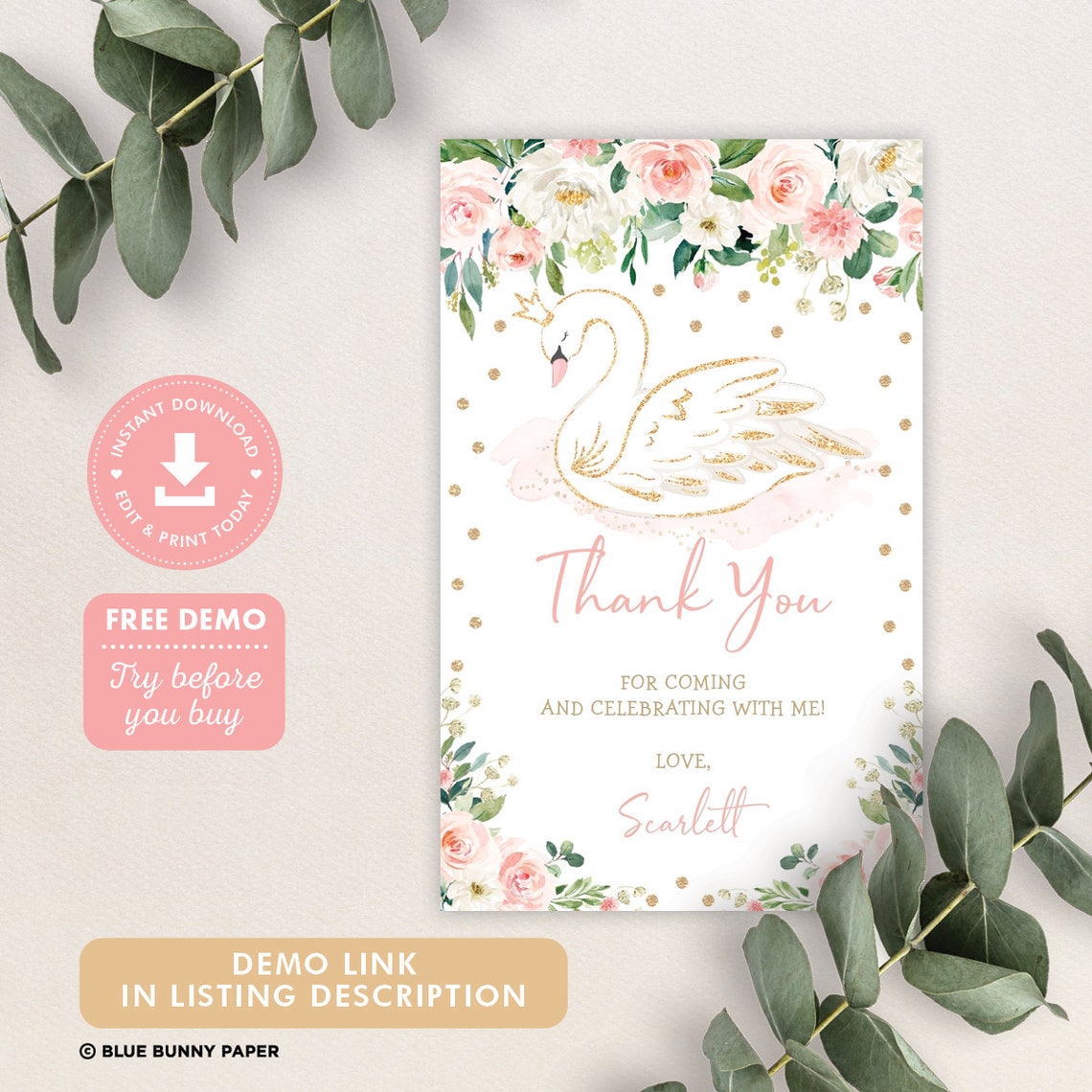 EDITABLE Swan Favor Tag Template, Blush Gold Floral Baby Shower Gift ...