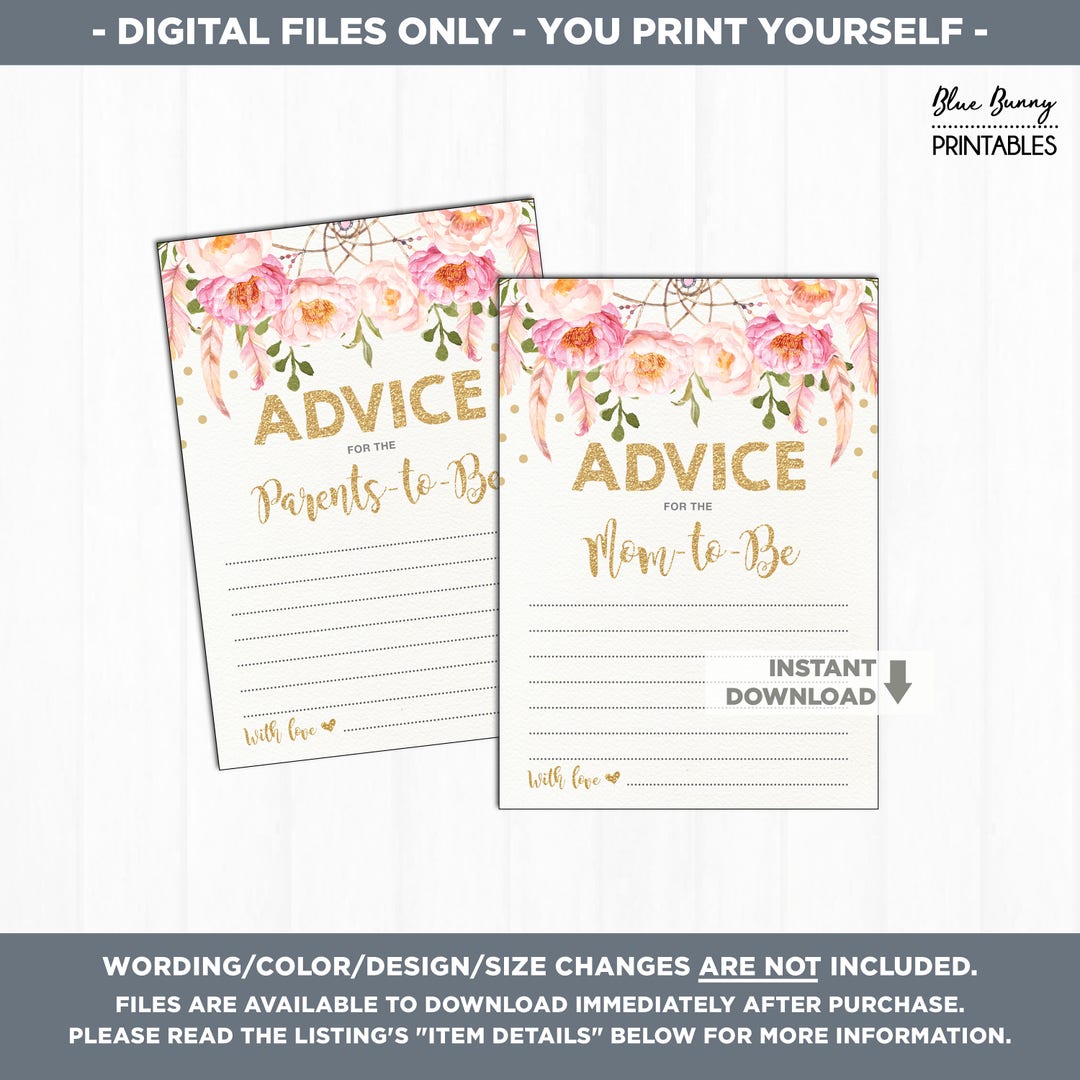 Boho Floral Baby Shower Advice Cards. Pink Gold Confetti Flower Baby ...