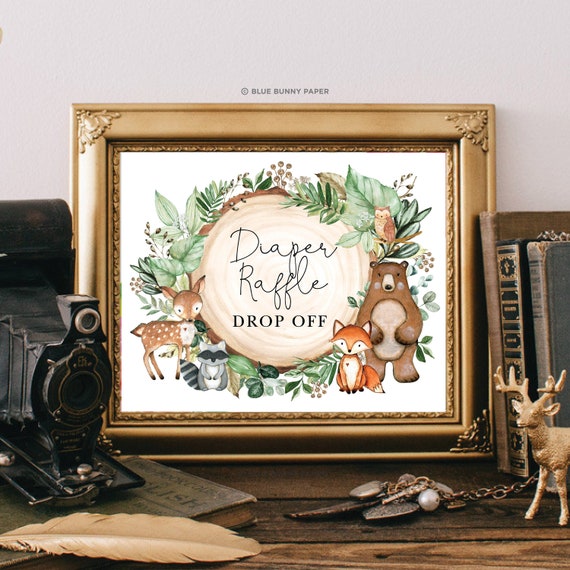 Diaper Raffle Drop Off Sign. Woodland Animals Baby Shower Decorations ...