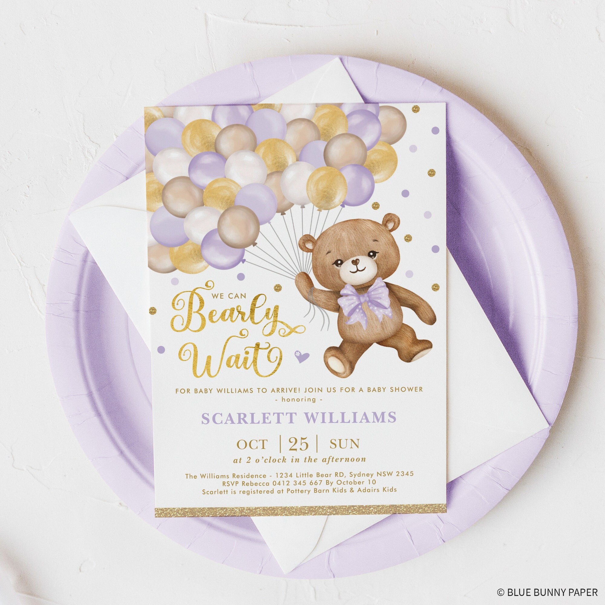 Purple Gold Teddy Bear Baby Shower Invite Lavender Bear - Etsy