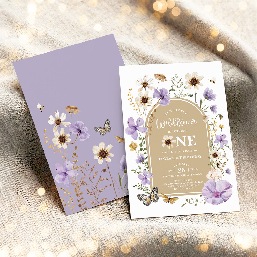 Purple Wildflower Birthday Invitation, Floral 1st Birthday Invite, Boho ...