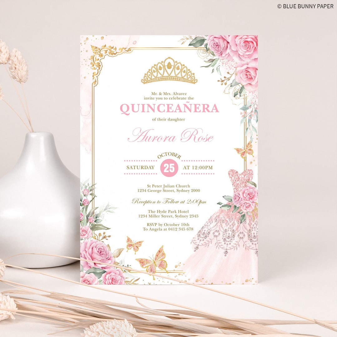 Pink Flowers Quinceañera Invitation, Pink Gold Floral Princess Mis ...