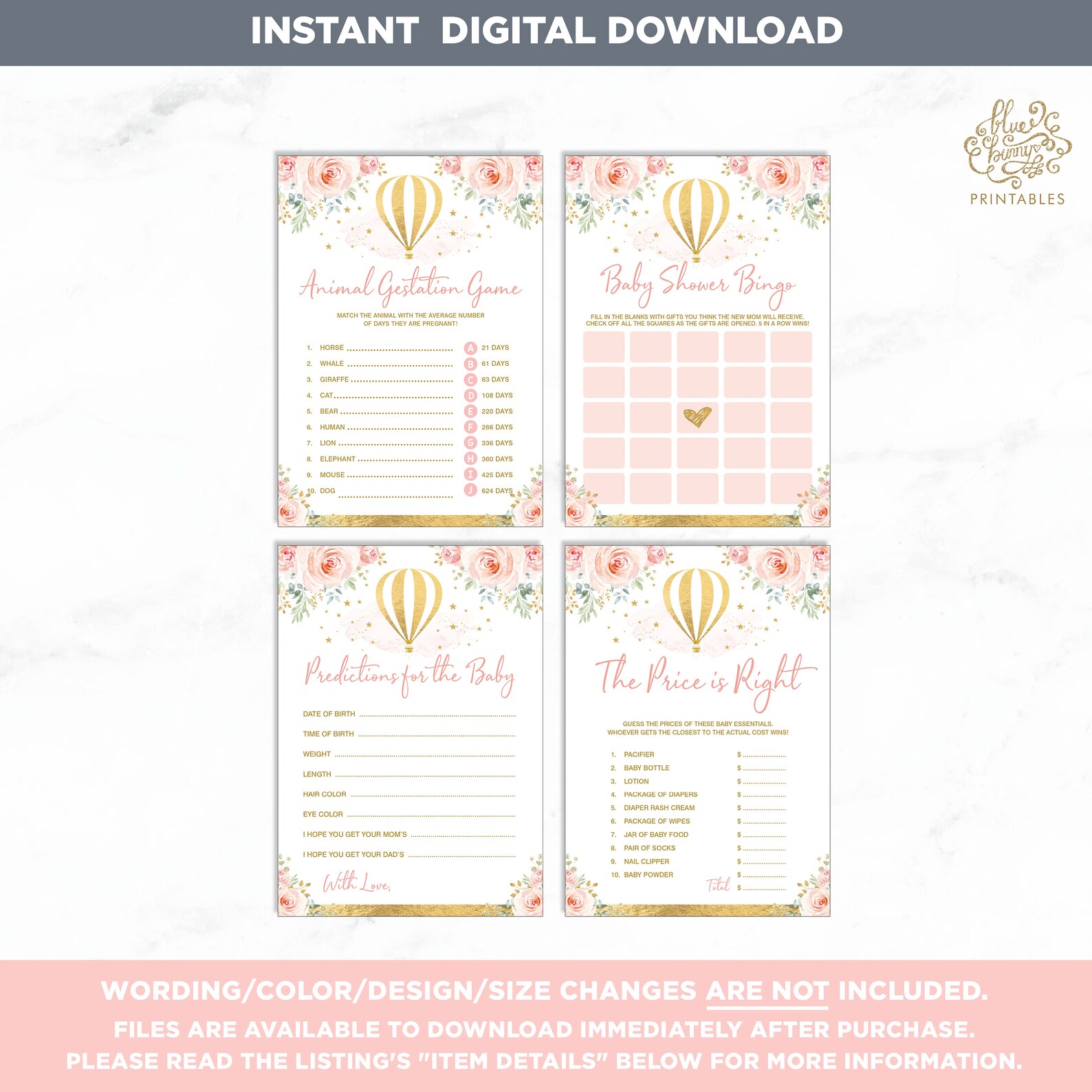 Hot Air Balloon Baby Shower GAMES PACKAGE. 8x Pink and Gold Adventure ...