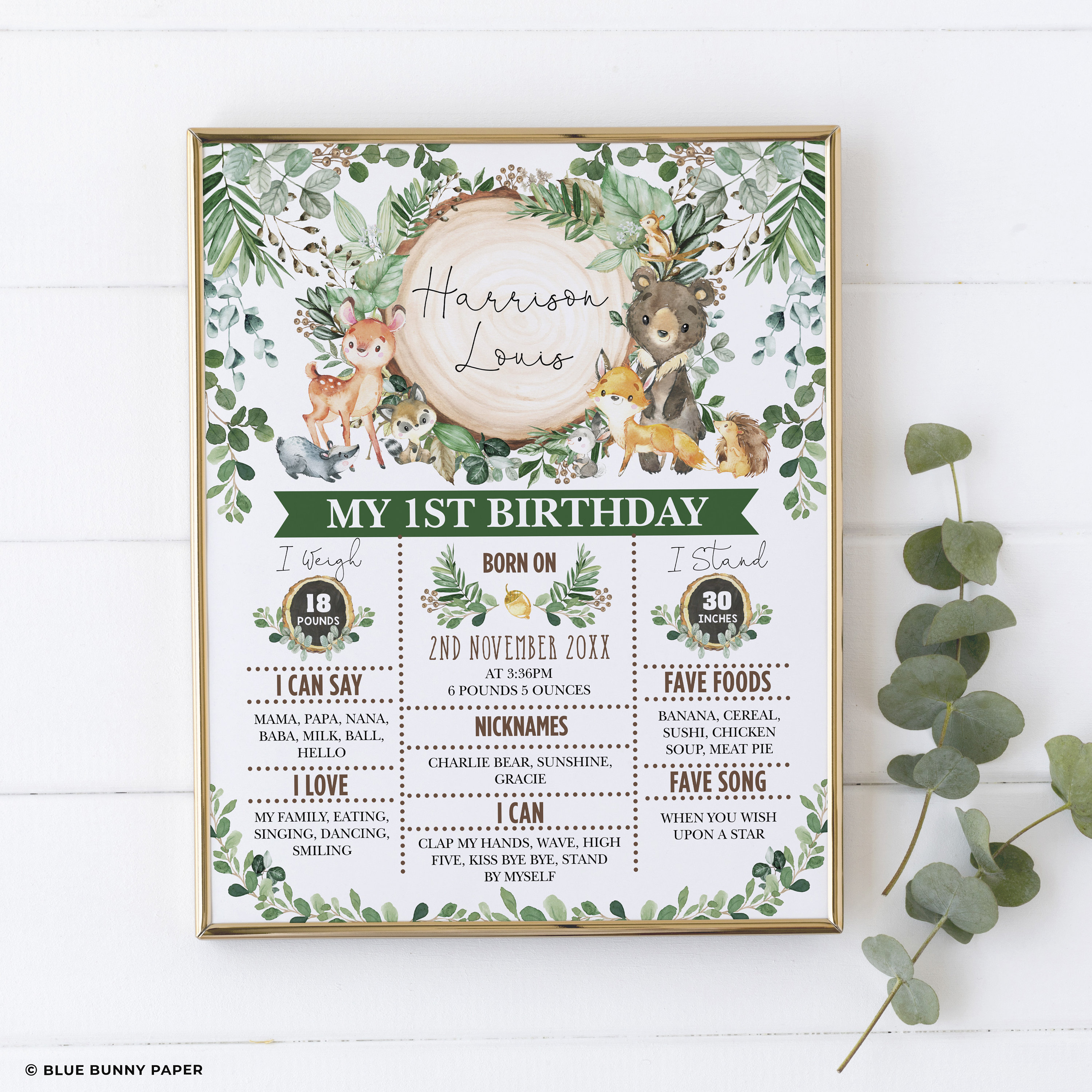 Woodland Birthday Milestone Poster, Greenery Forest Animals 1st ...