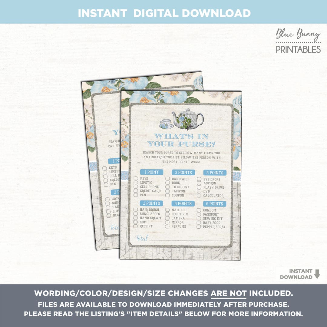 Blue Floral BABY SHOWER Game. What's in Your Purse Shower Printable ...