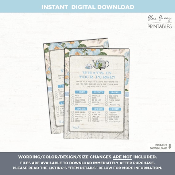 Blue Floral BABY SHOWER Game. What's in Your Purse Shower | Etsy