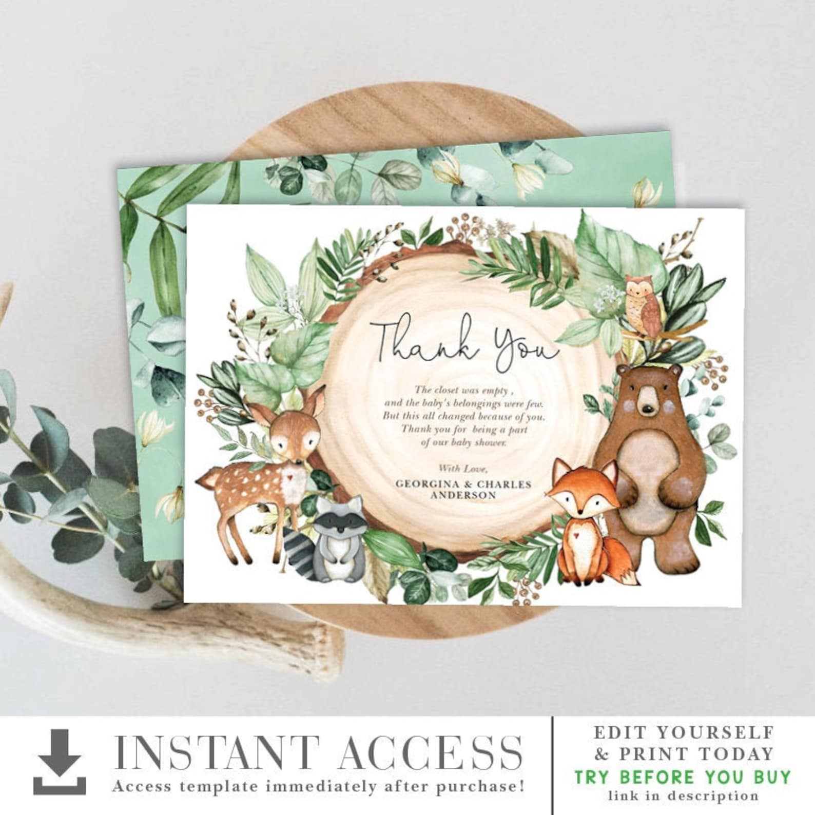 Woodland Thank You Card. Greenery Forest Animals EDITABLE - Etsy