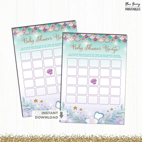 Mermaid BINGO Baby Shower Game. Purple Gold Silver Teal Glitter ...